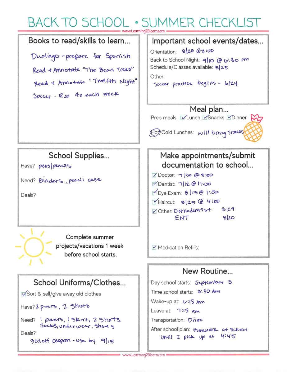 Back to School Checklist - Learning2Bloom
